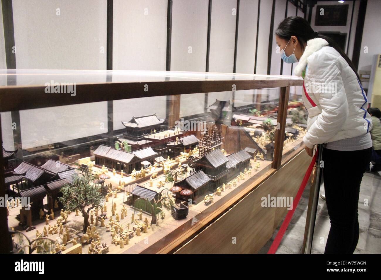 A visitor looks at the microscopic carving "Riverside Scene at Qingming ...