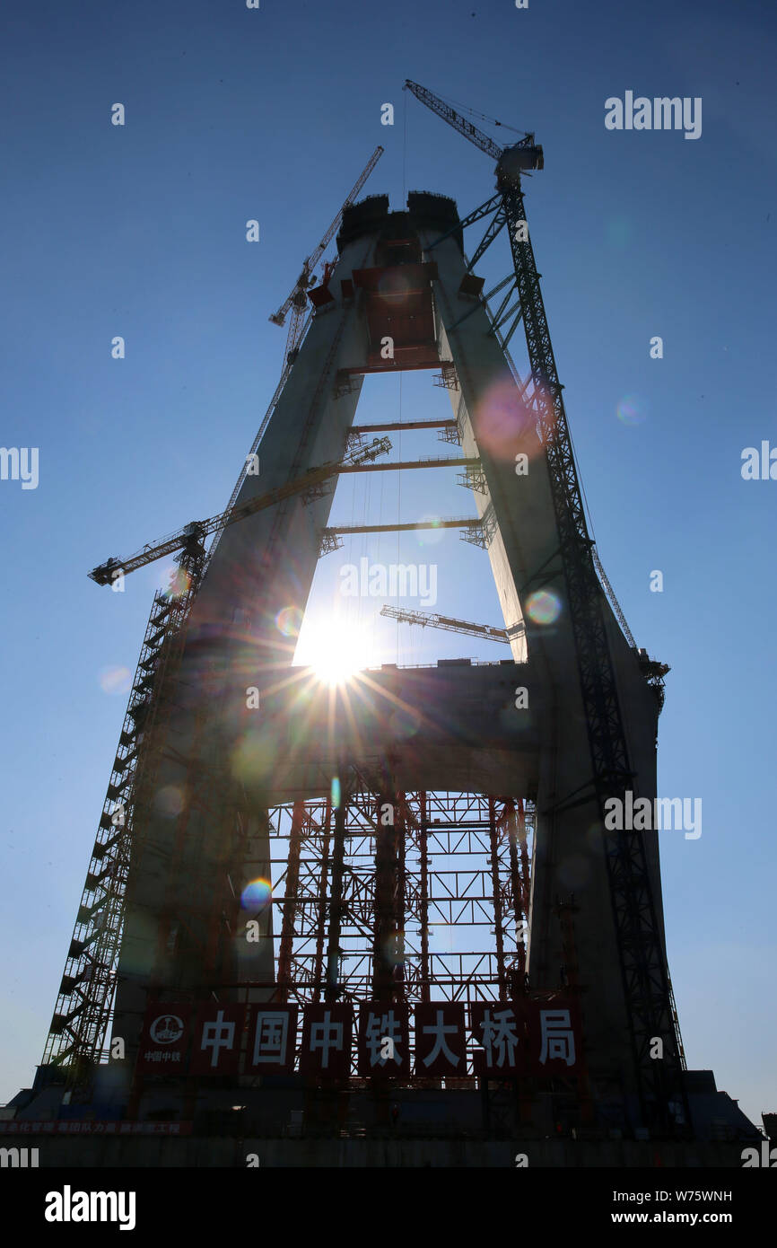 The No.28 main pier of the world's longest cable-stayed bridge, the ...