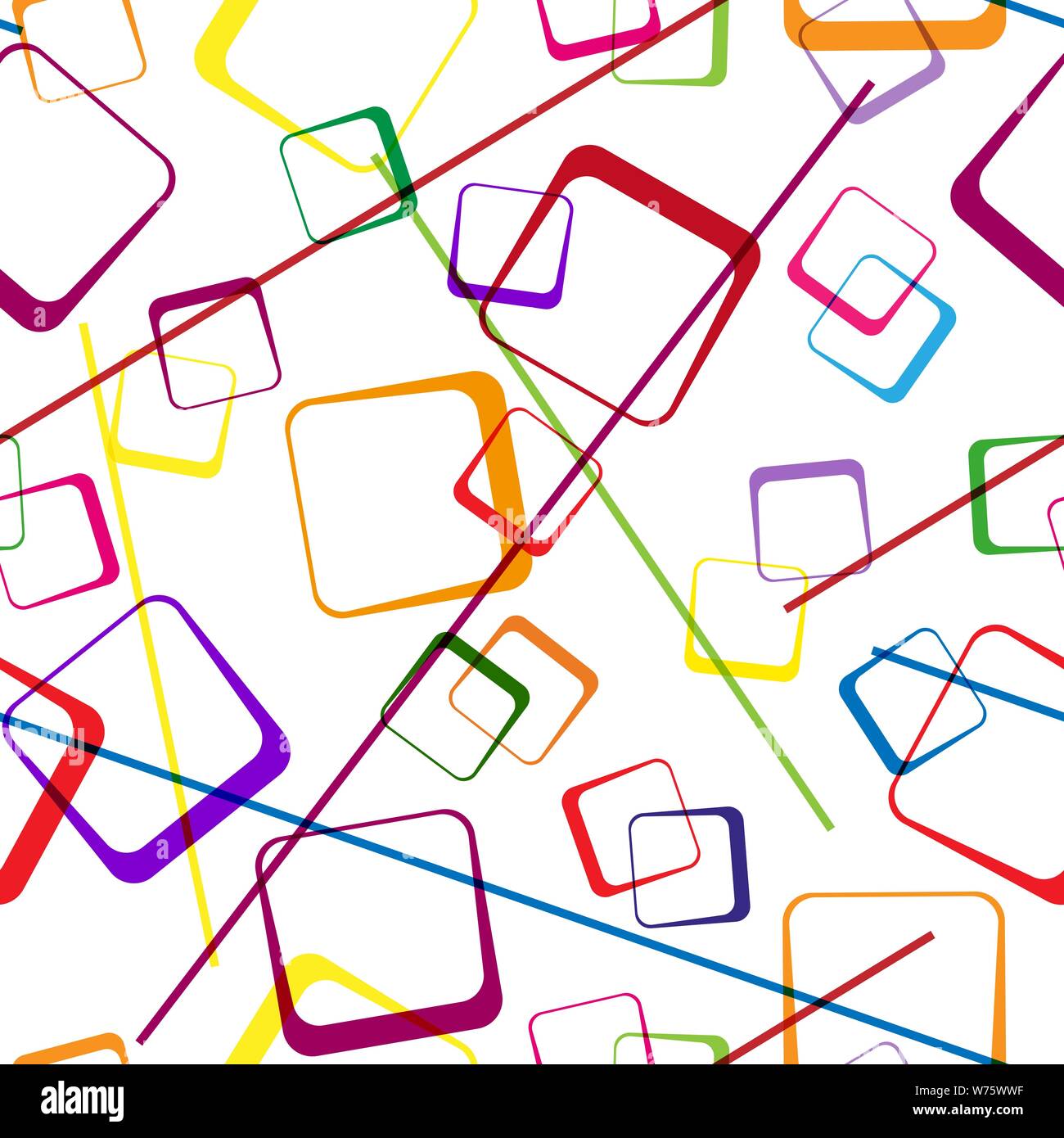 Seamless pattern of multi-colored intersecting squares and lines on a transparent background ...