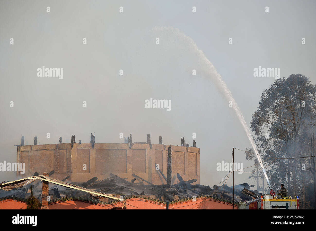 A firefighter hoses water to extinguish fire in Asia's tallest wood ...