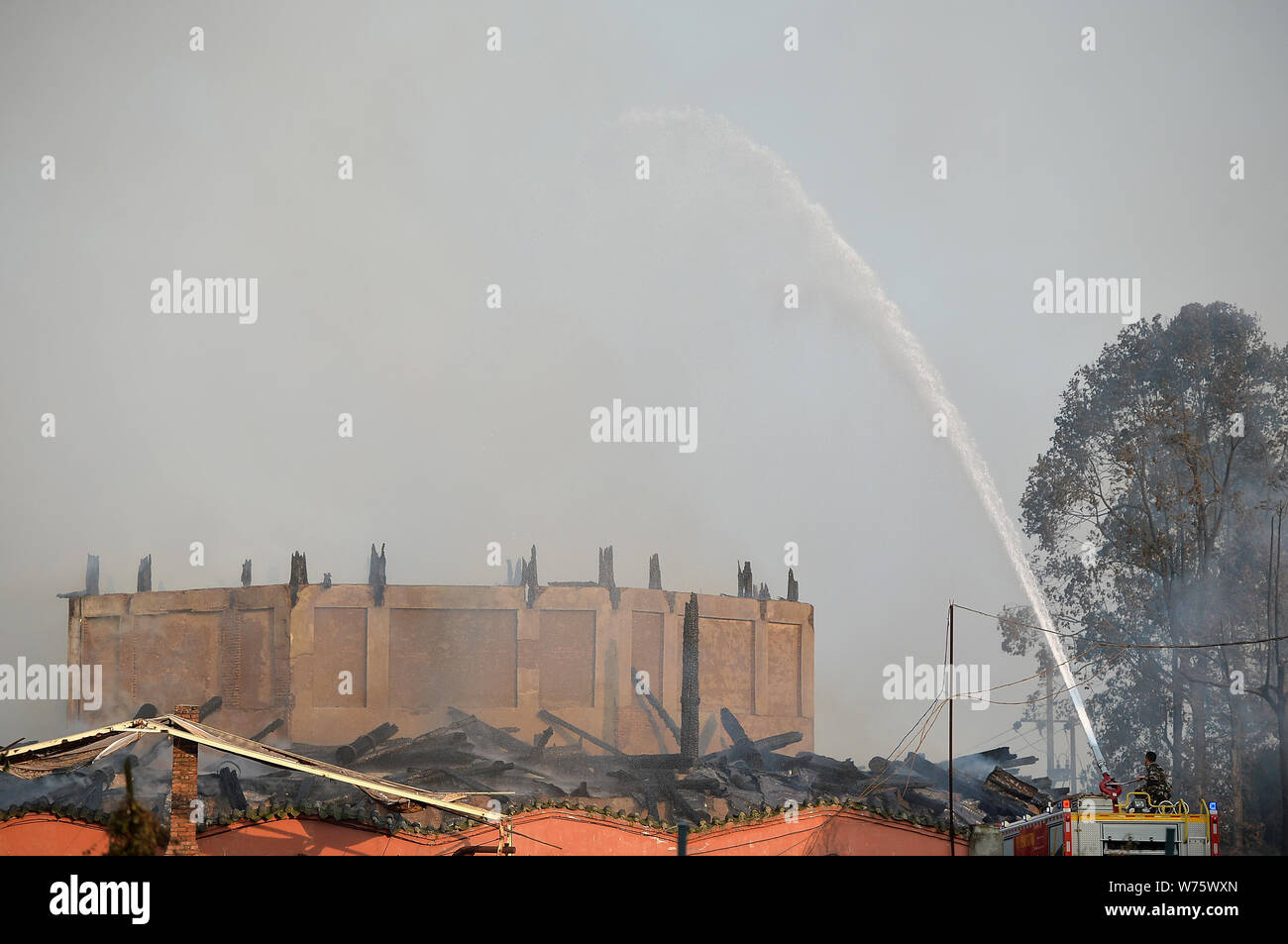 A firefighter hoses water to extinguish fire in Asia's tallest wood ...