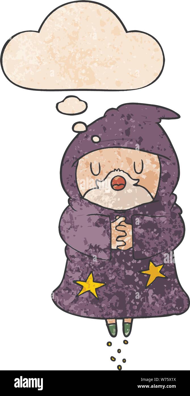 cartoon floating wizard with thought bubble in grunge texture style ...