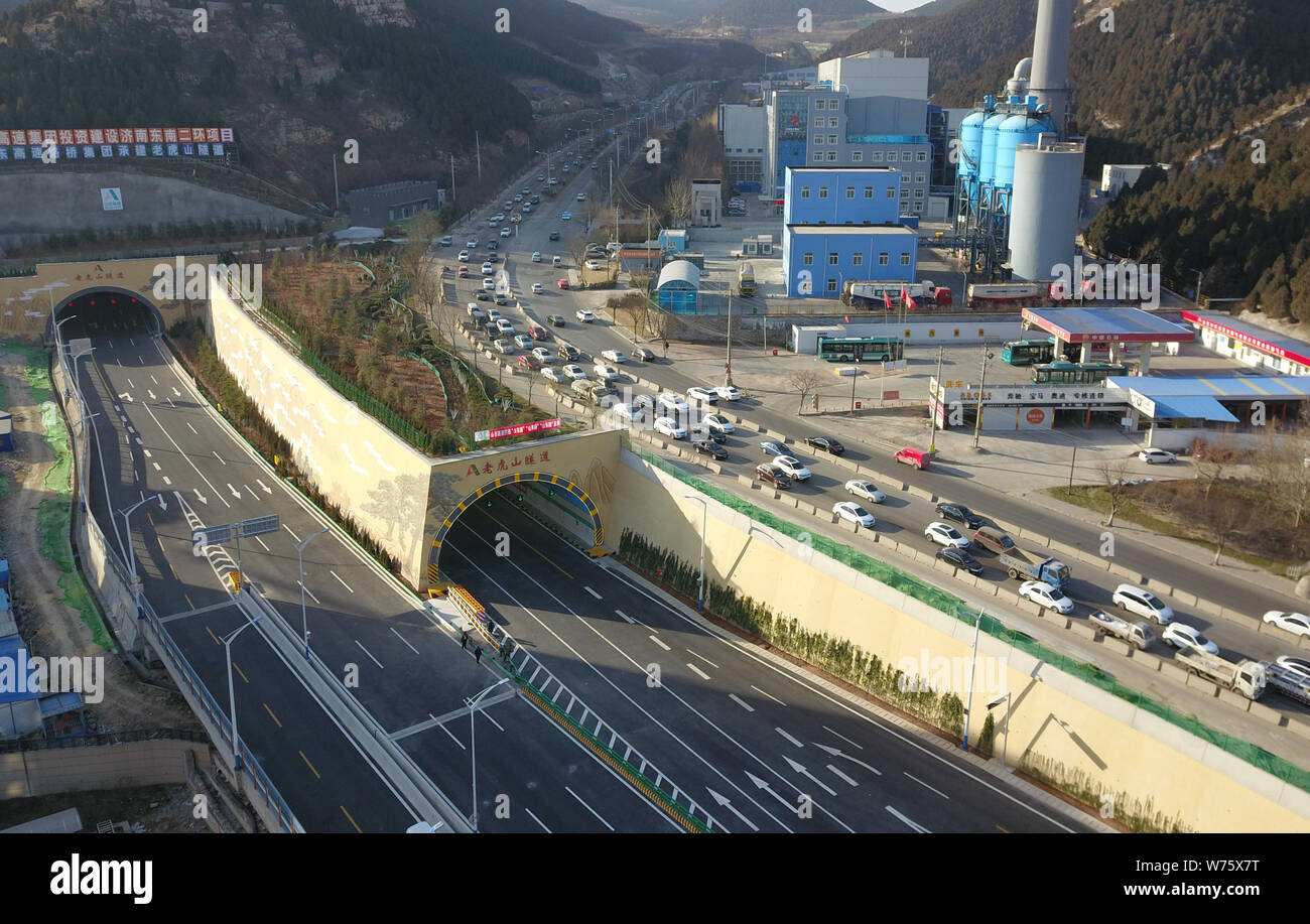 Aerial view of one of the highway tunnels with twin bore and eight ...