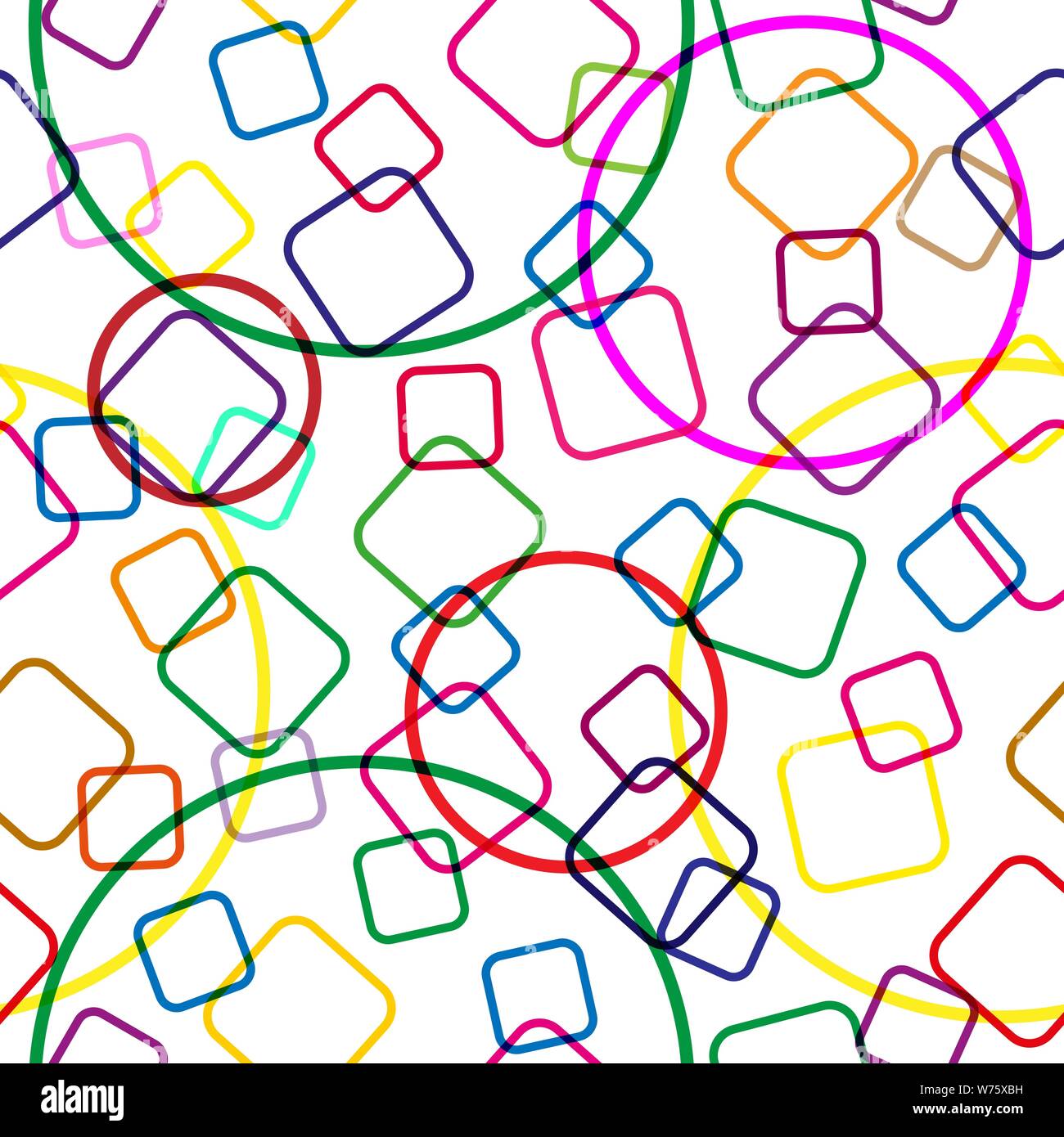 Seamless pattern of colored intersecting squares and circles, transparent background, modern ...
