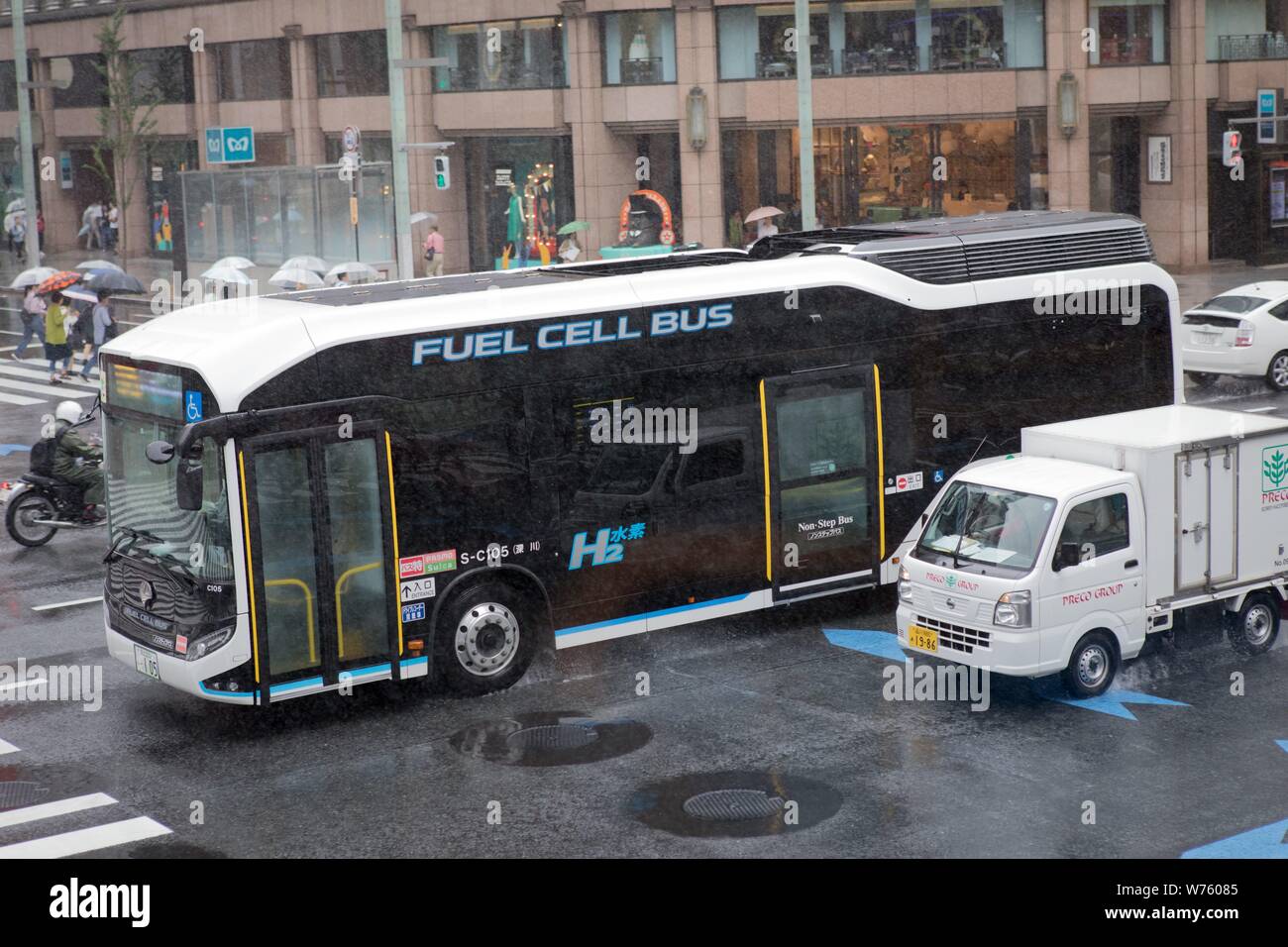 Fuel cell bus (Toyota FC Bus) at the busy Ginza crossing, in June 2019 ...
