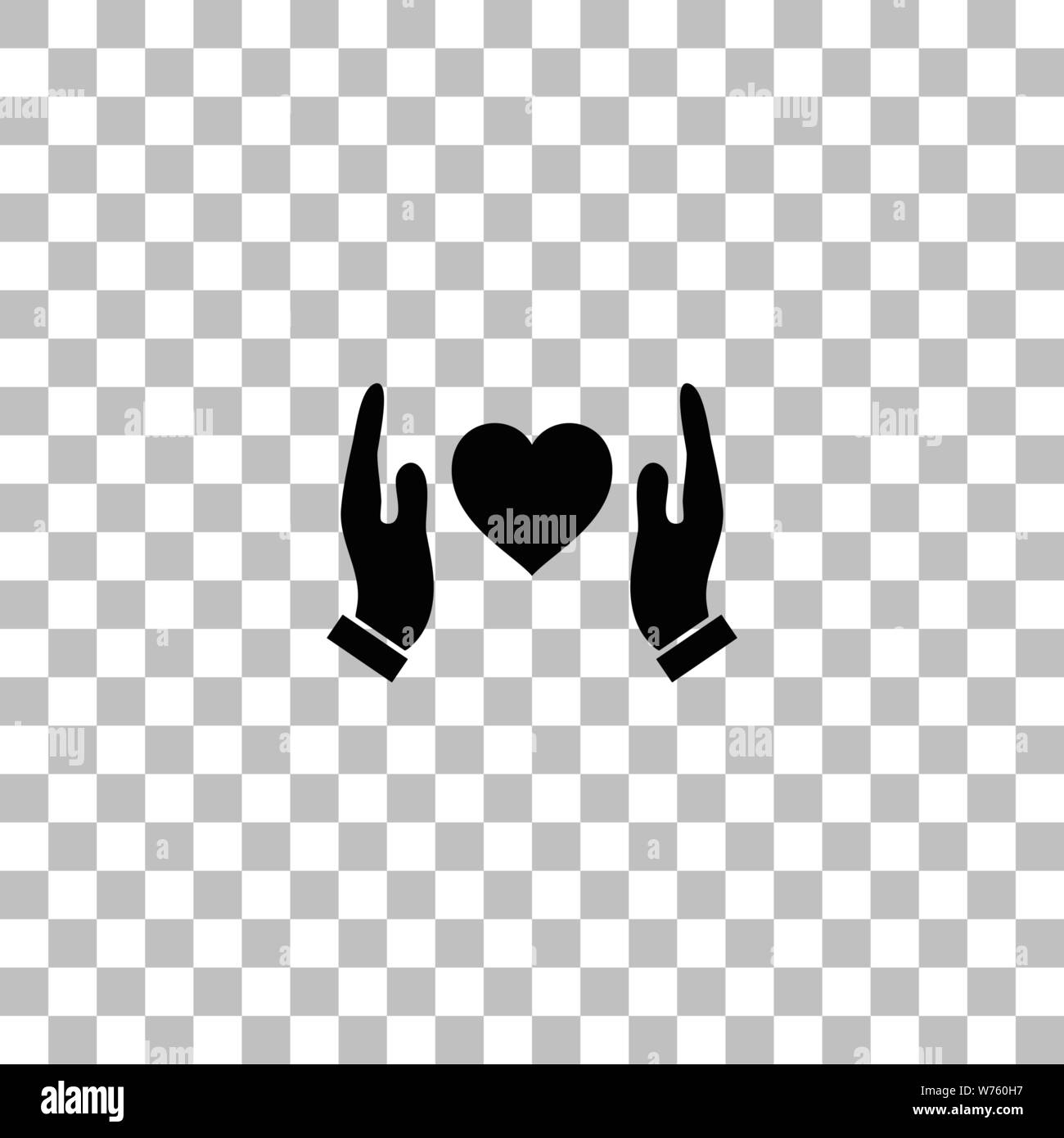 Human hands holding and protect heart. Black flat icon on a transparent ...
