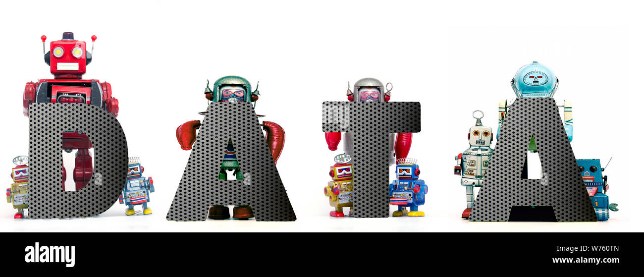 the word BIG data with retro robot toys isolated metal mesh letters ...