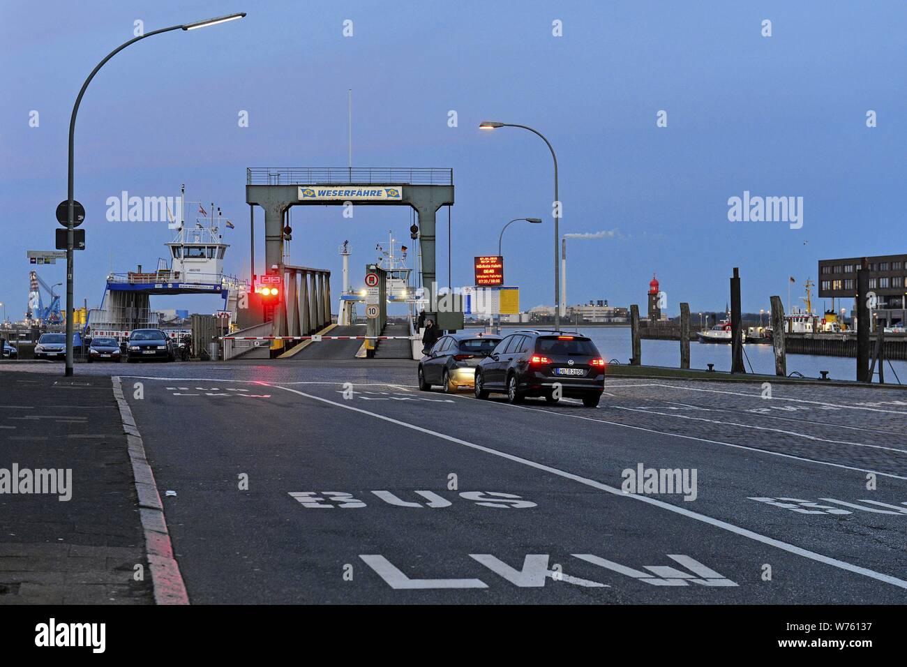 Bremerhaven's terminal for the Weser ferryboat to Nordenham in blue ...