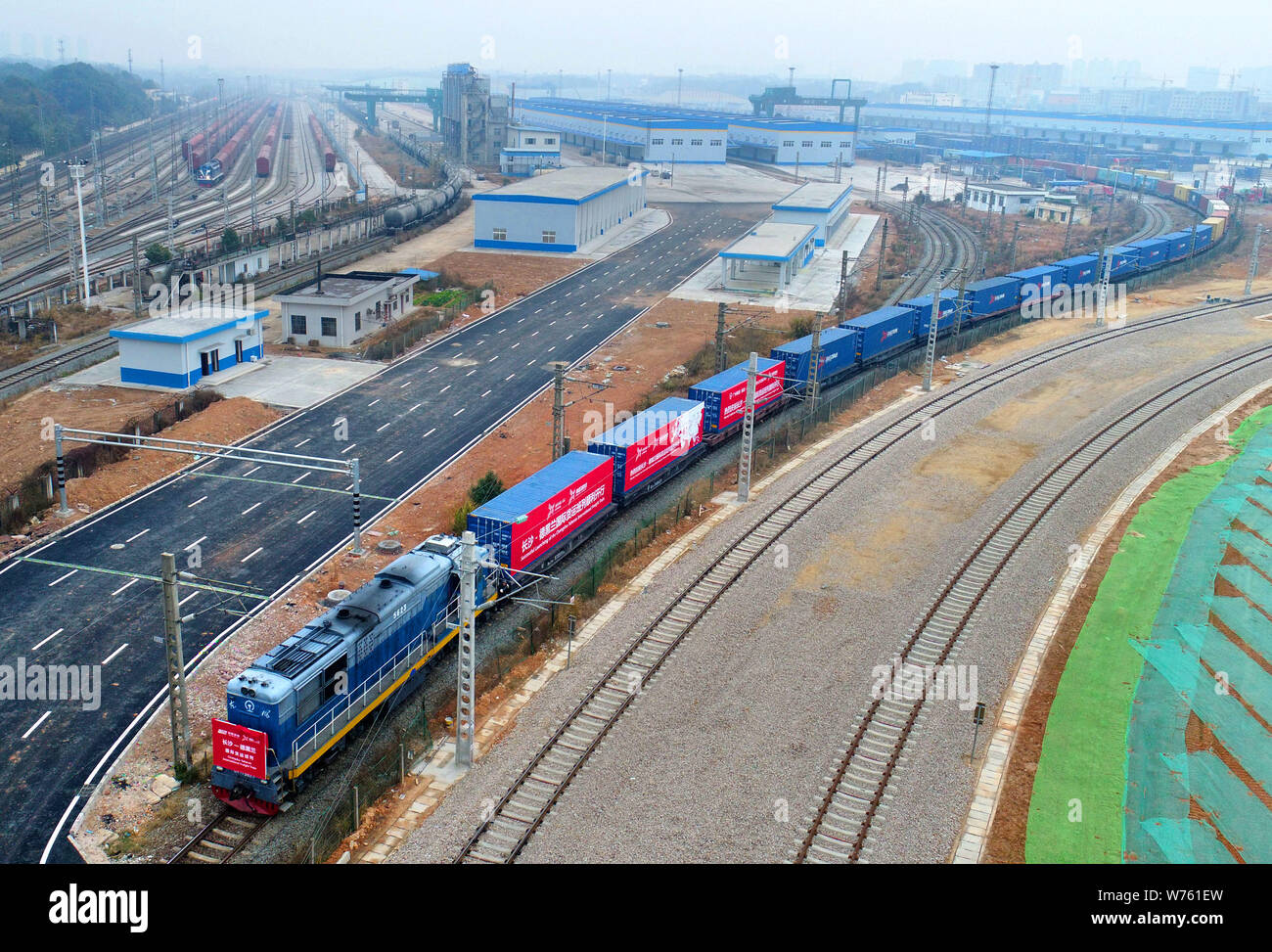 A freight train of China Railway Express running from Changsha to ...