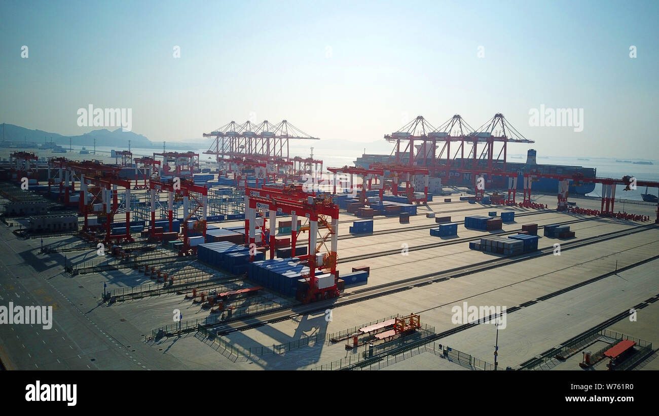Aerial view of containers at the fourth phase of the Yangshan Deep ...