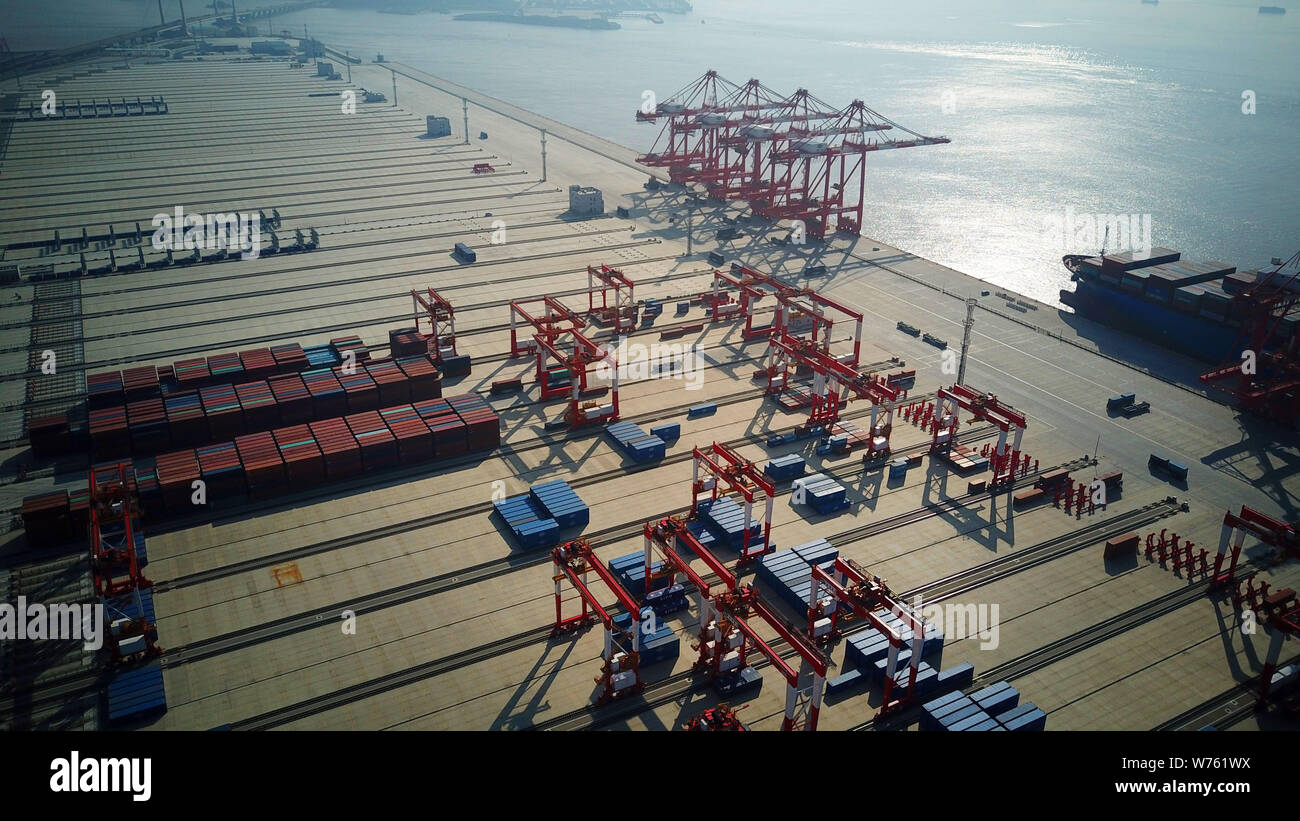 Aerial view of containers at the fourth phase of the Yangshan Deep ...
