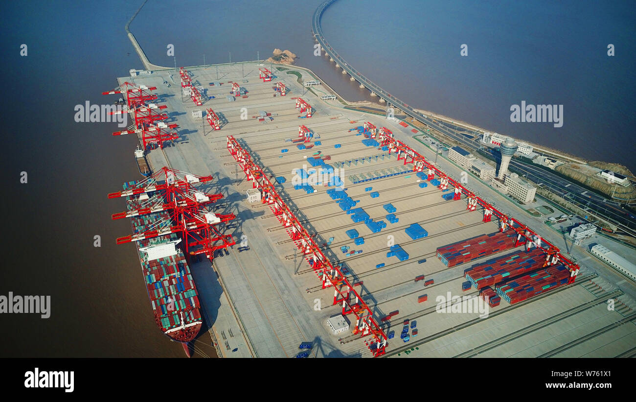 Aerial view of containers at the fourth phase of the Yangshan Deep ...