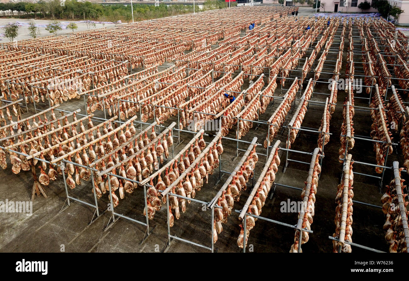 Chinese workers hang Jinhua hams to dry them in the sun in a factory of ...
