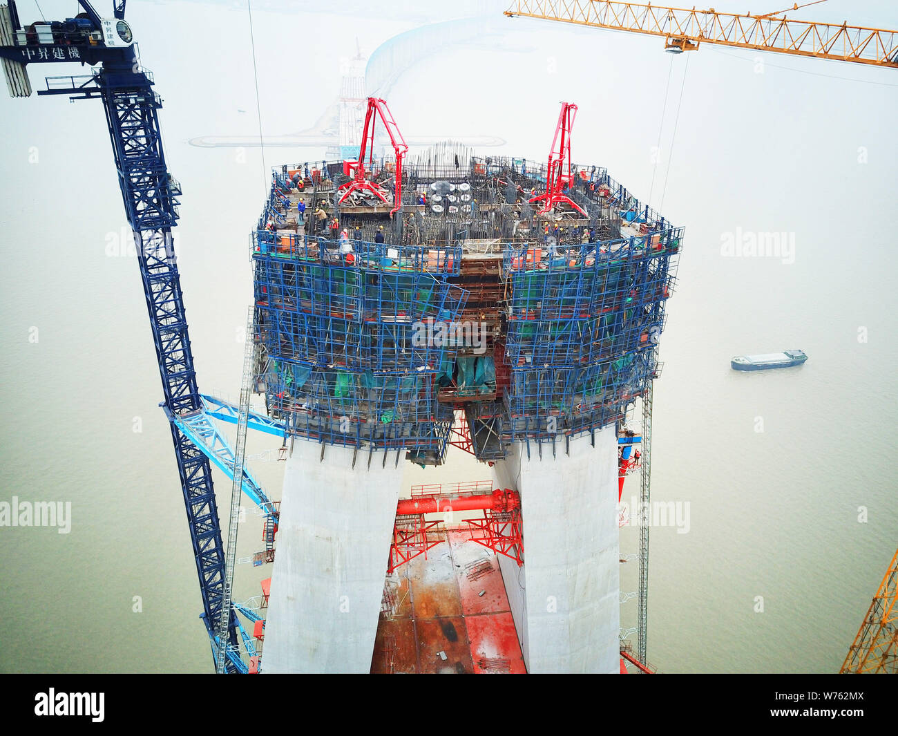 The No.28 main pier of the world's longest cable-stayed bridge, the ...