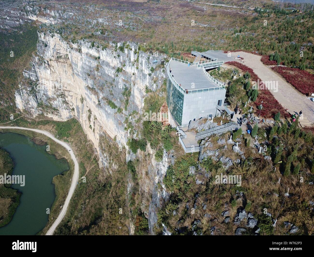 Aerial view of an art museum built on cliff in Anlong county, Qianxinan ...