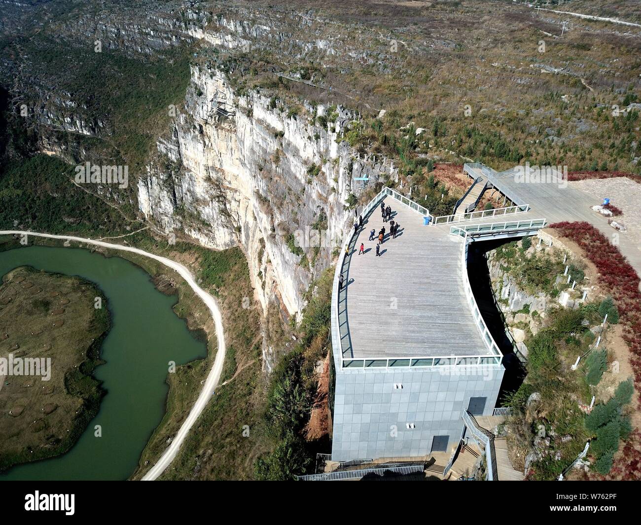 Aerial view of an art museum built on cliff in Anlong county, Qianxinan ...