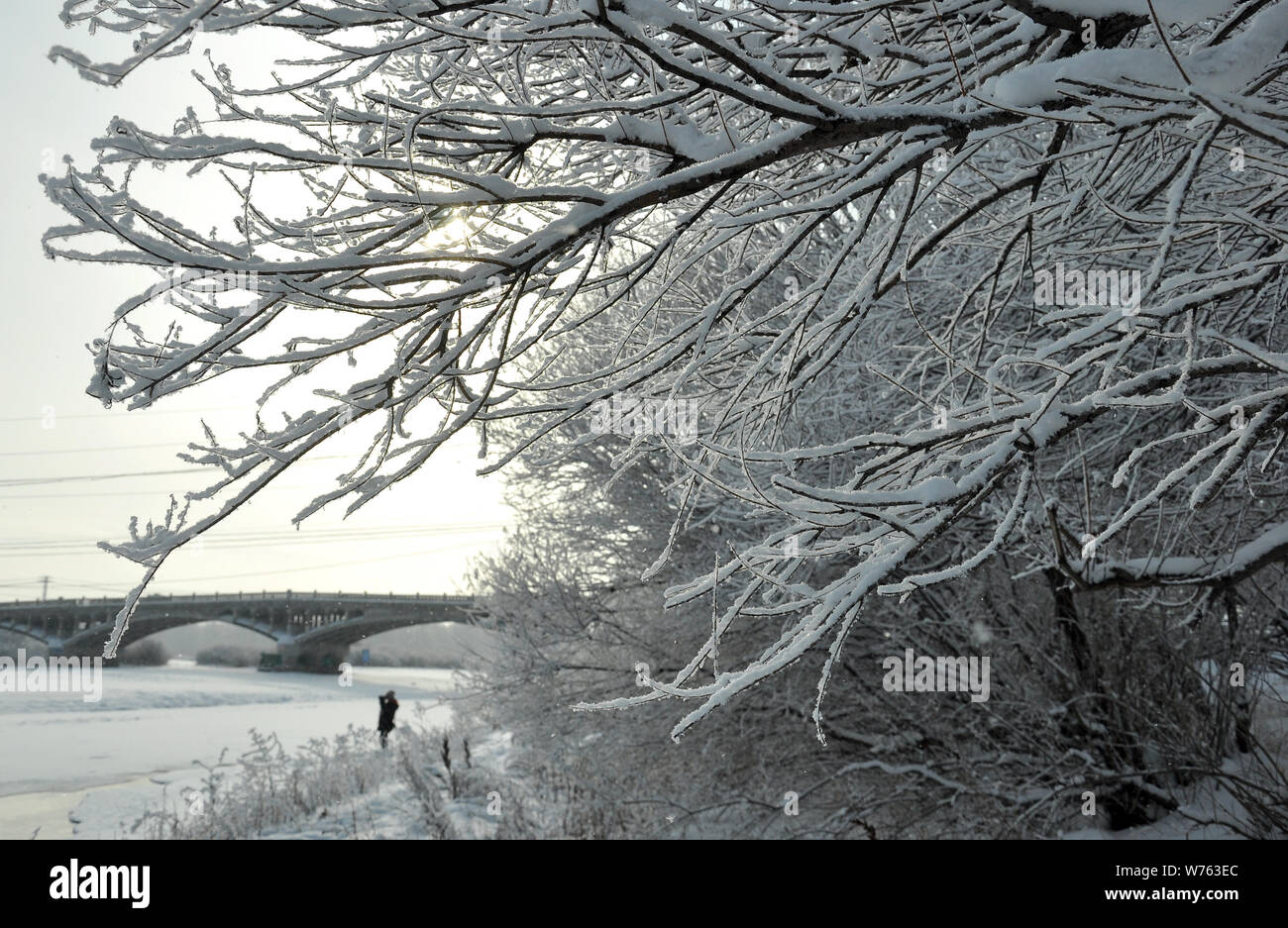 A tourist takes photos of snow by the Zhadun River in Yakeshi of ...