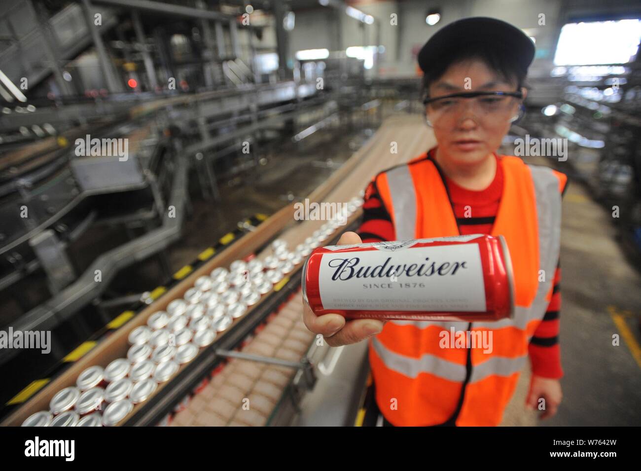 --FILE--A Chinese worker shows a can of Budweiser beer at a factory ...