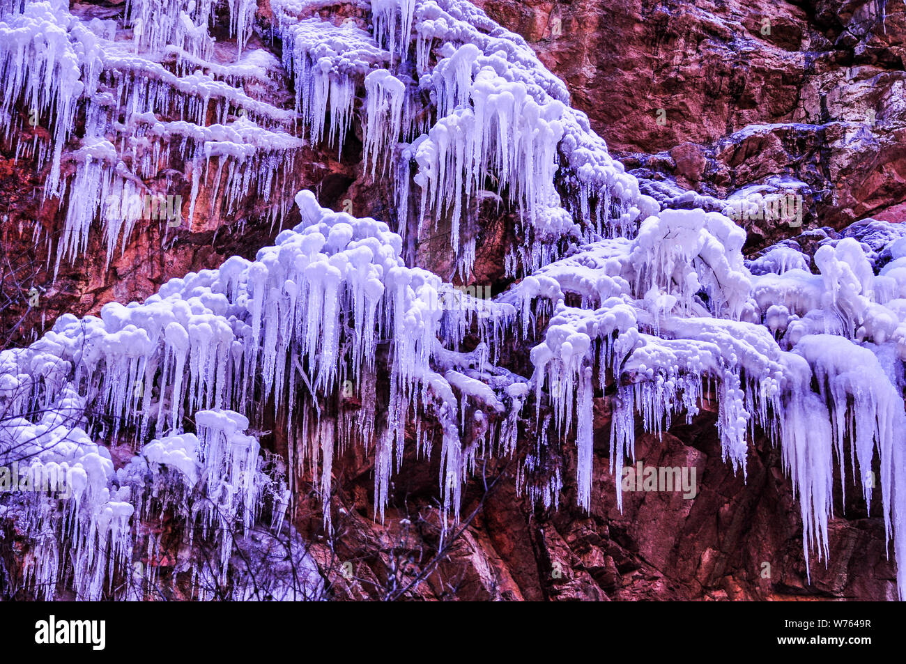 Scenery of a man-made icefall in the Shenquan Gorge Scenic Area ...