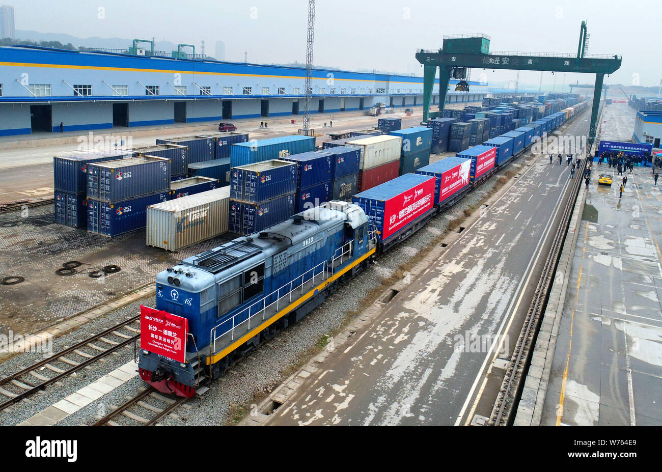 A freight train of China Railway Express running from Changsha to ...
