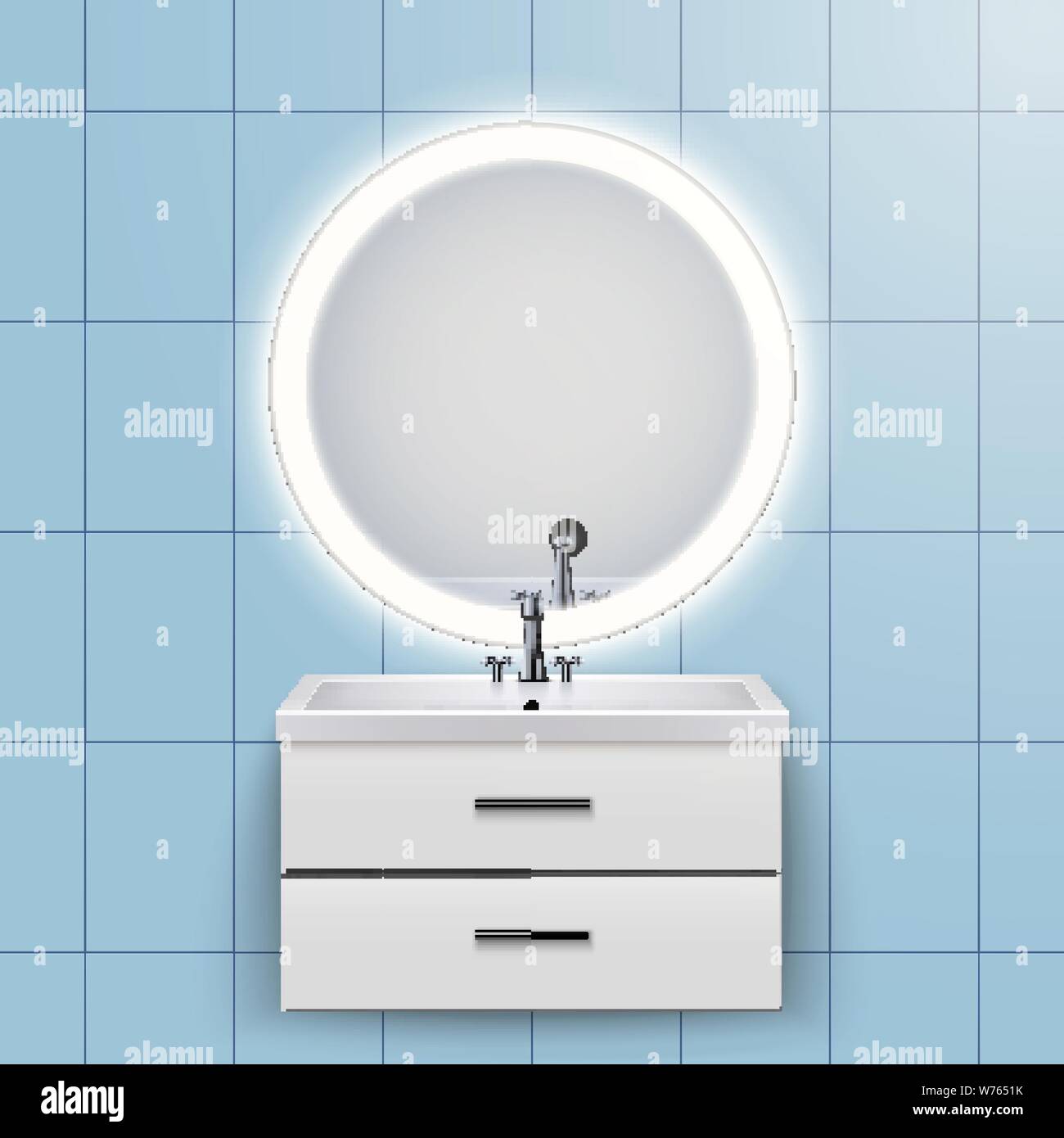 Washbasin cabinet with circle mirror and backlight. Domestic bathroom ...