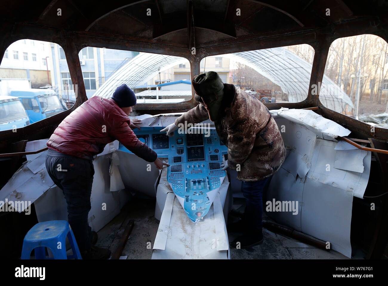 Chinese man Zhu Yue and his friend work on their homemade Airbus A320 ...