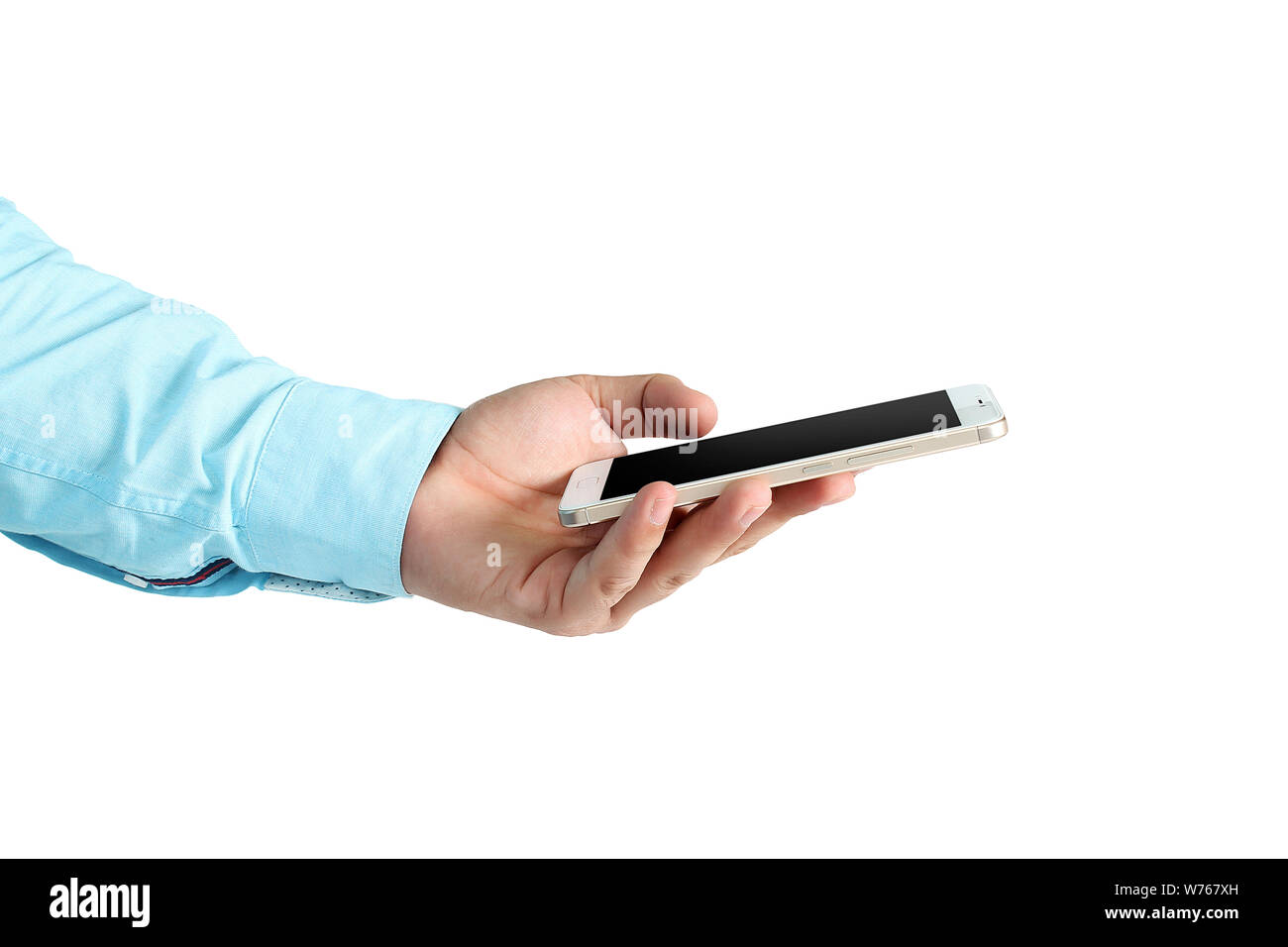Picture of man holding mobile in hand. Isolated on white background ...