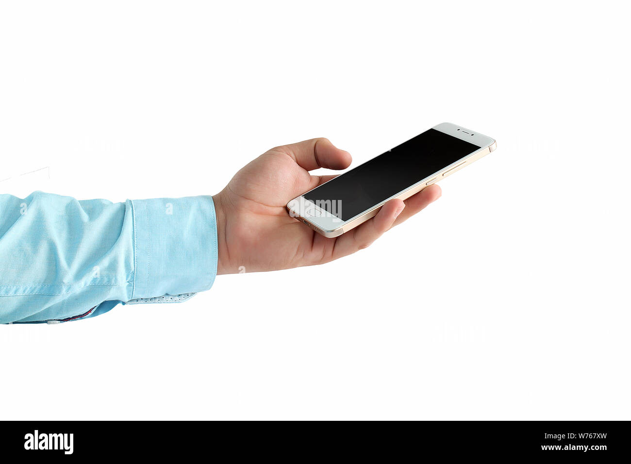 Picture of man holding mobile in hand. Isolated on white background ...