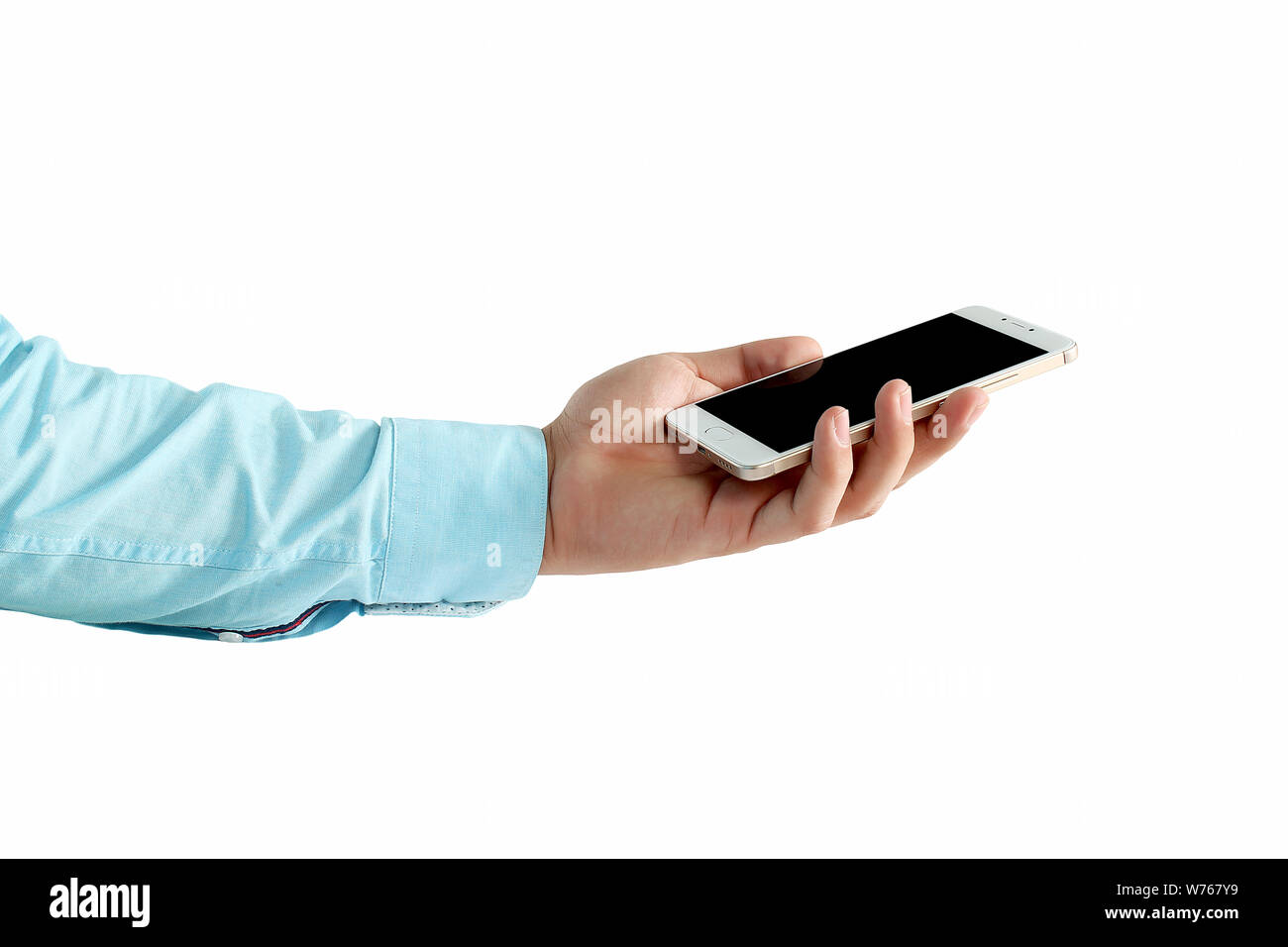 Picture of man holding mobile in hand. Isolated on white background ...