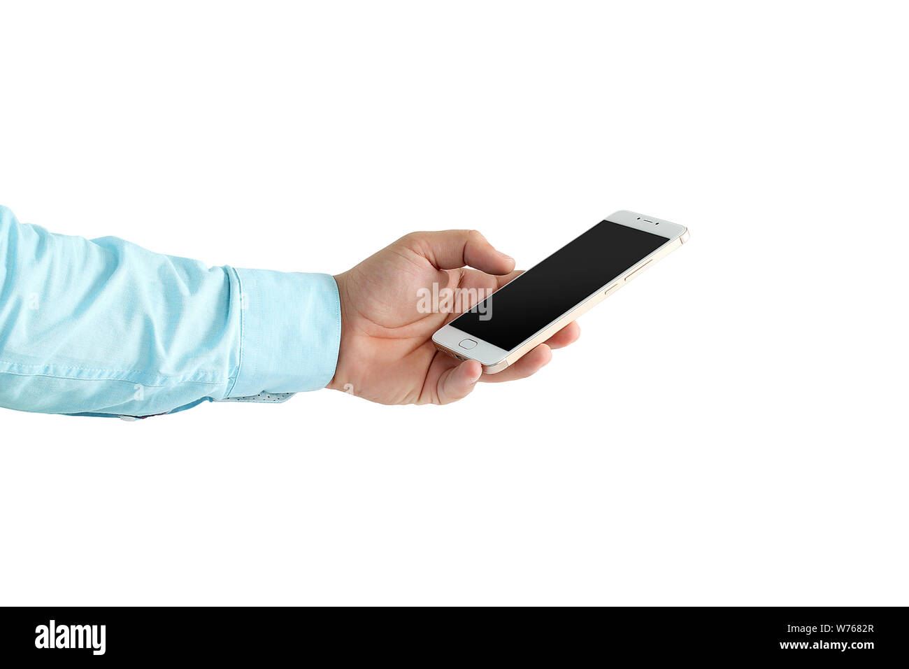 Picture of man holding mobile in hand. Isolated on white background ...