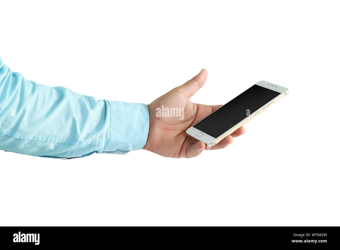 Picture of man holding mobile in hand. Isolated on white background ...