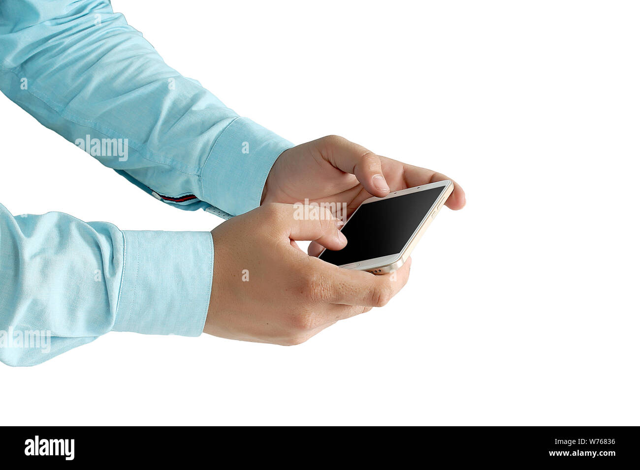 Picture of man holding mobile in hand. Isolated on white background ...