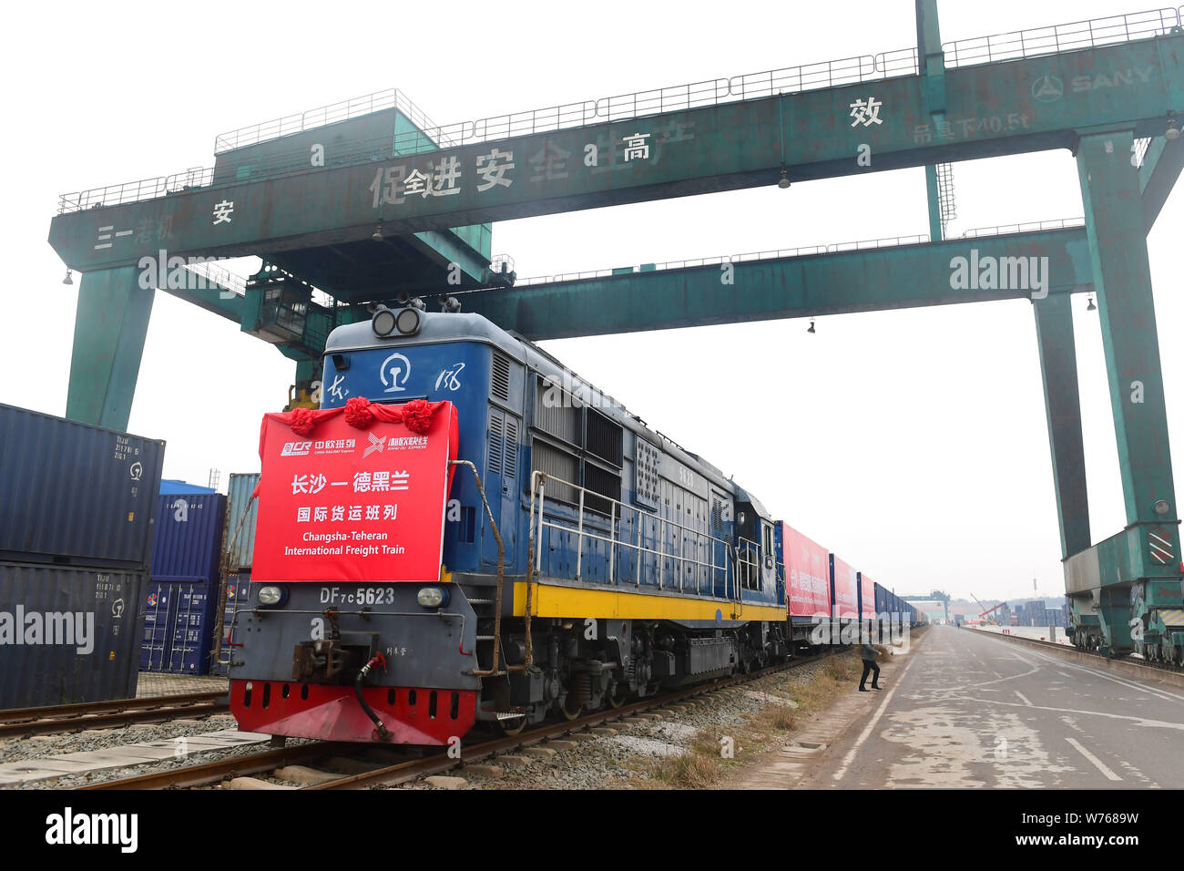 A freight train of China Railway Express running from Changsha to ...