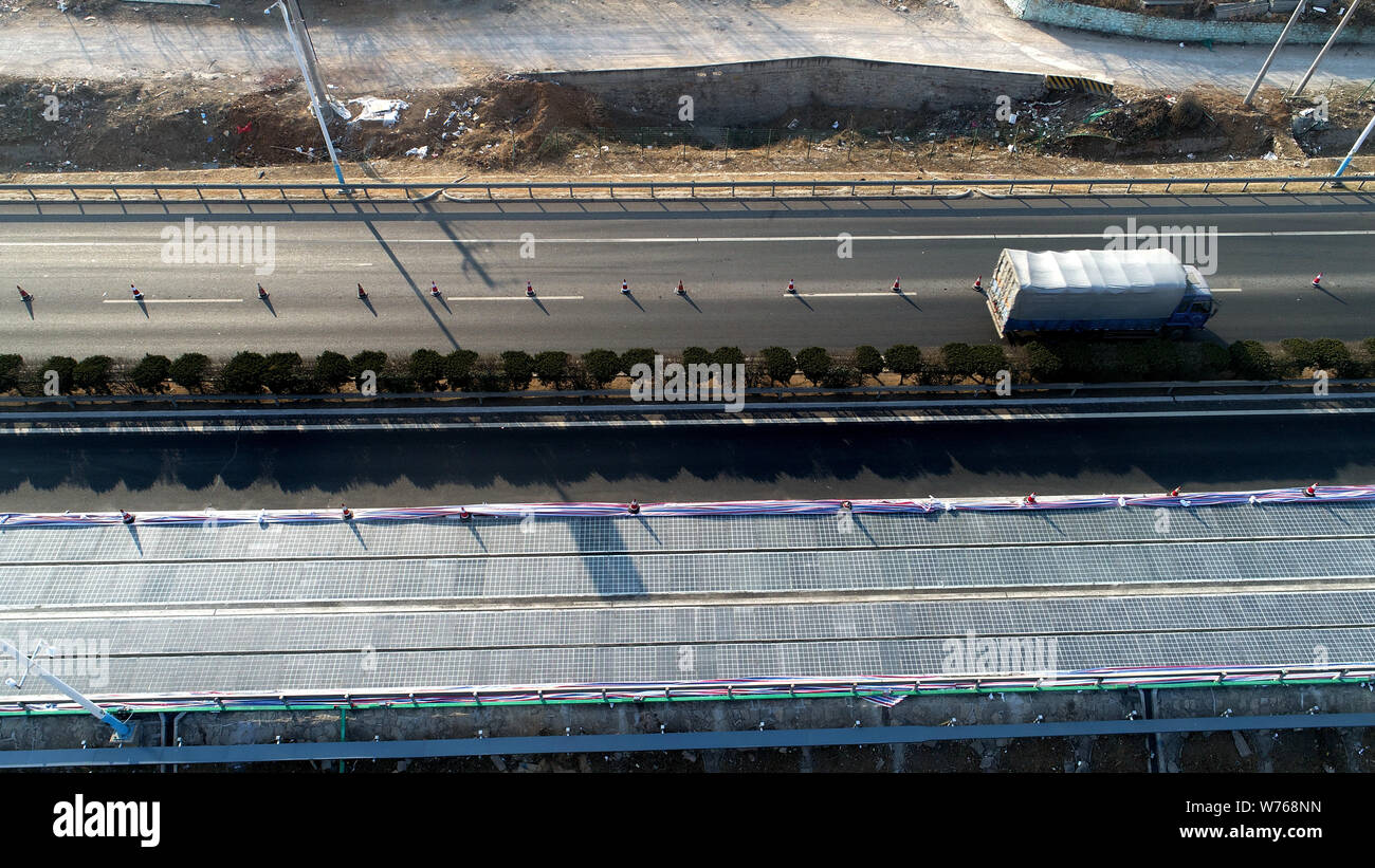 Aerial view of solar panels on the world's first photovoltaic highway ...