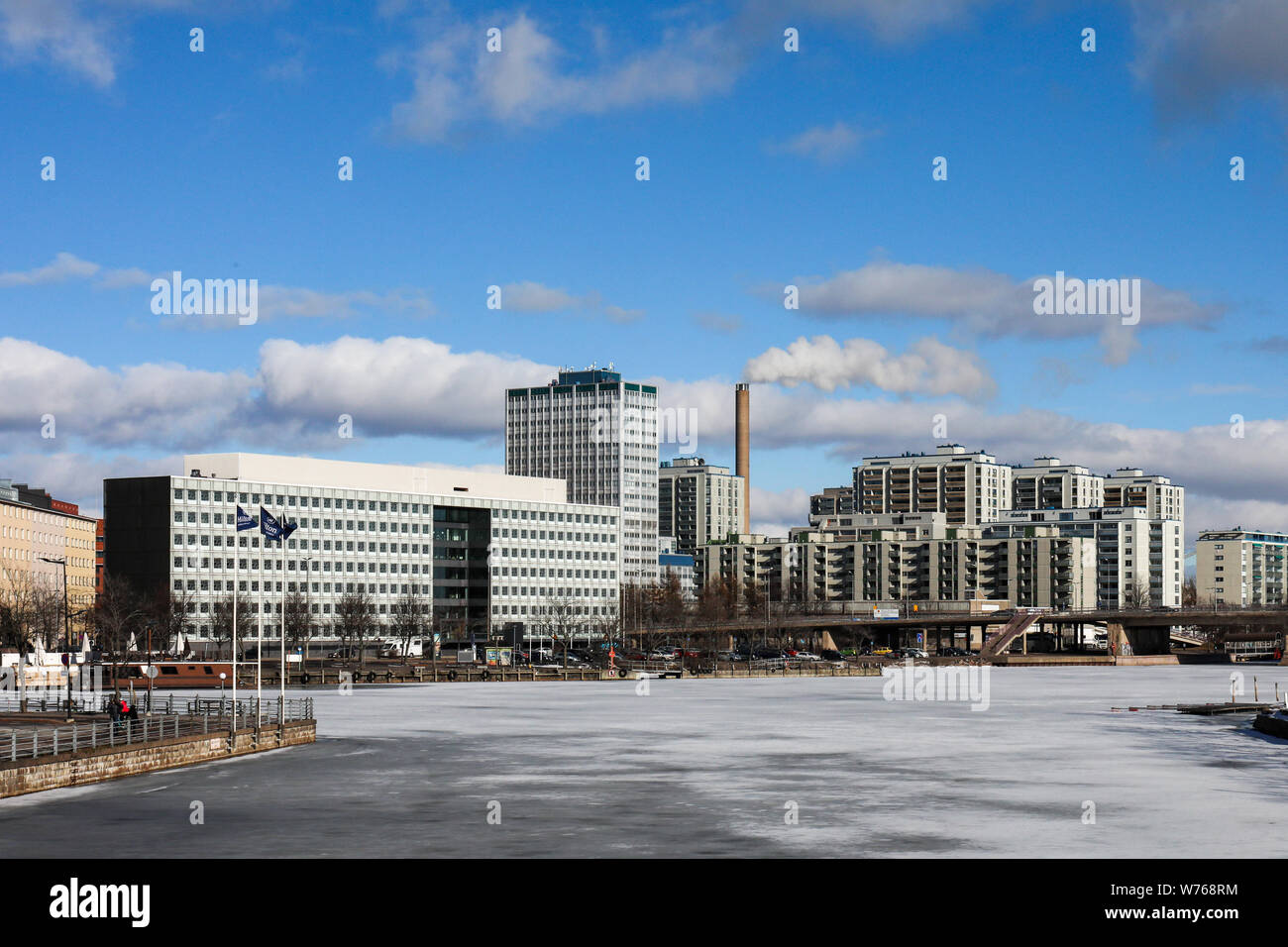 Hakaniemi and Merihaka districts viewed from Pitkäsilta over icy ...