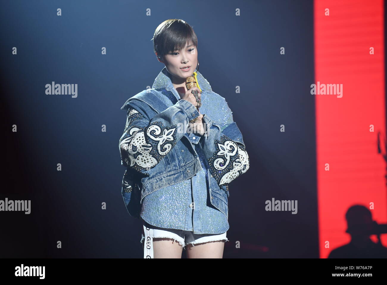 Chinese singer Li Yuchun or Chris Lee performs at a concert to release her new album Liu Xing ...