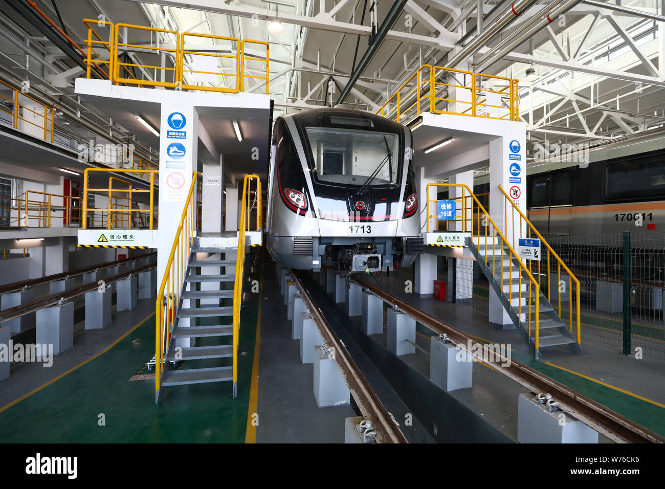 Subway trains are seen at a maintenance station on the Metro Line 17 in ...