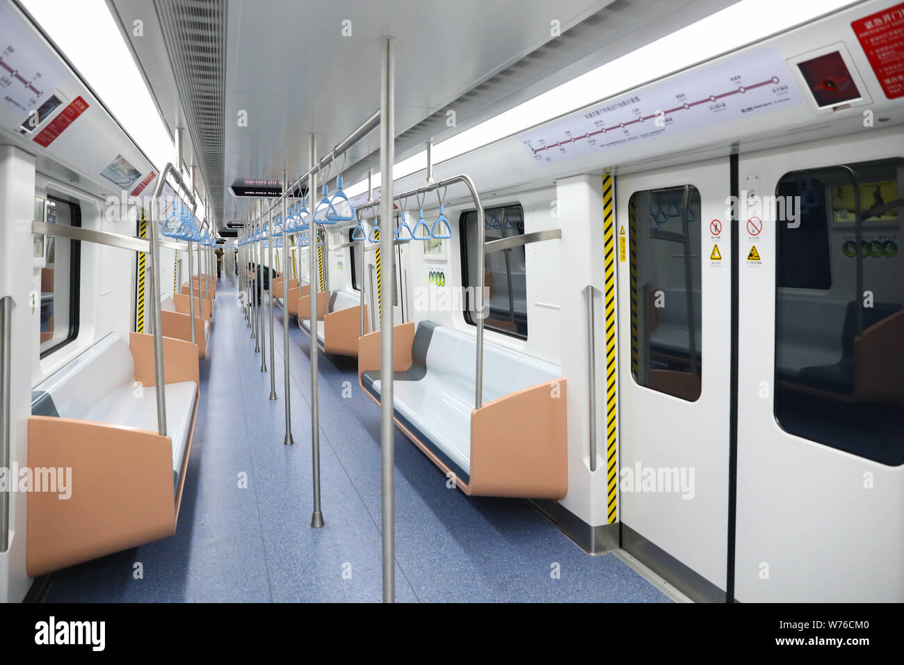 Interior view of a subway train on the Metro Line 17 in Shanghai, China ...