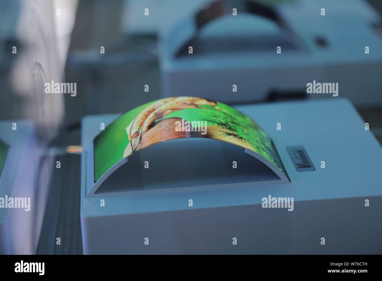 A thin, paper-like foldable AMOLED screen is on display during the ...