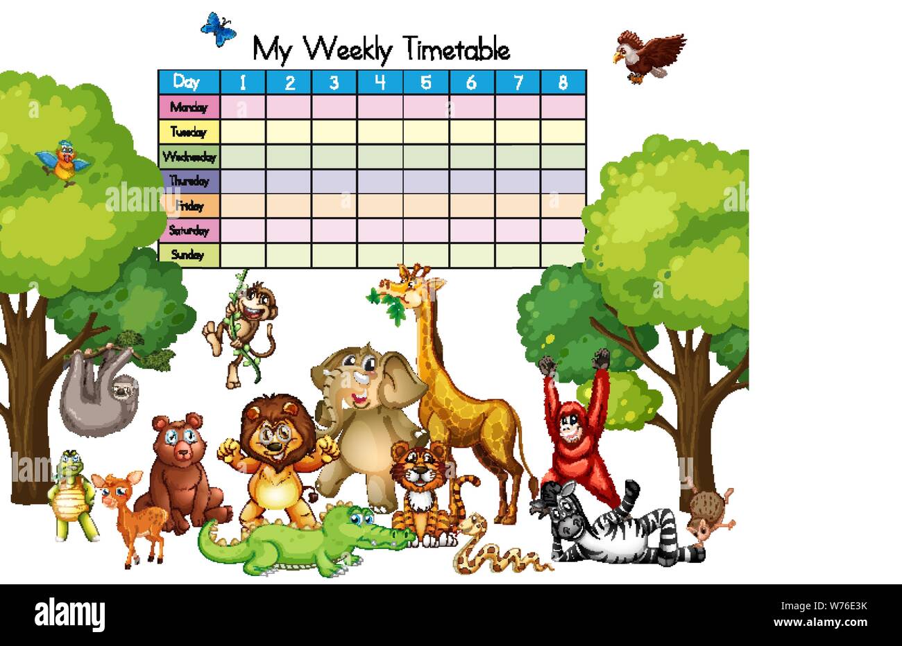 Many animals on time table template illustration Stock Vector Image ...