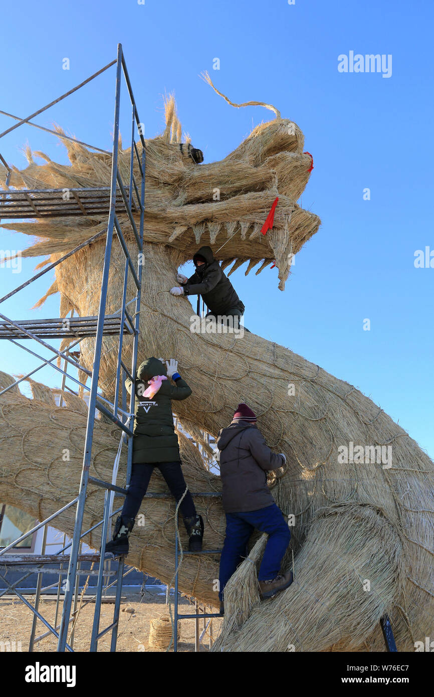 Chinese workers build two dragons made of straw, which are said to be ...