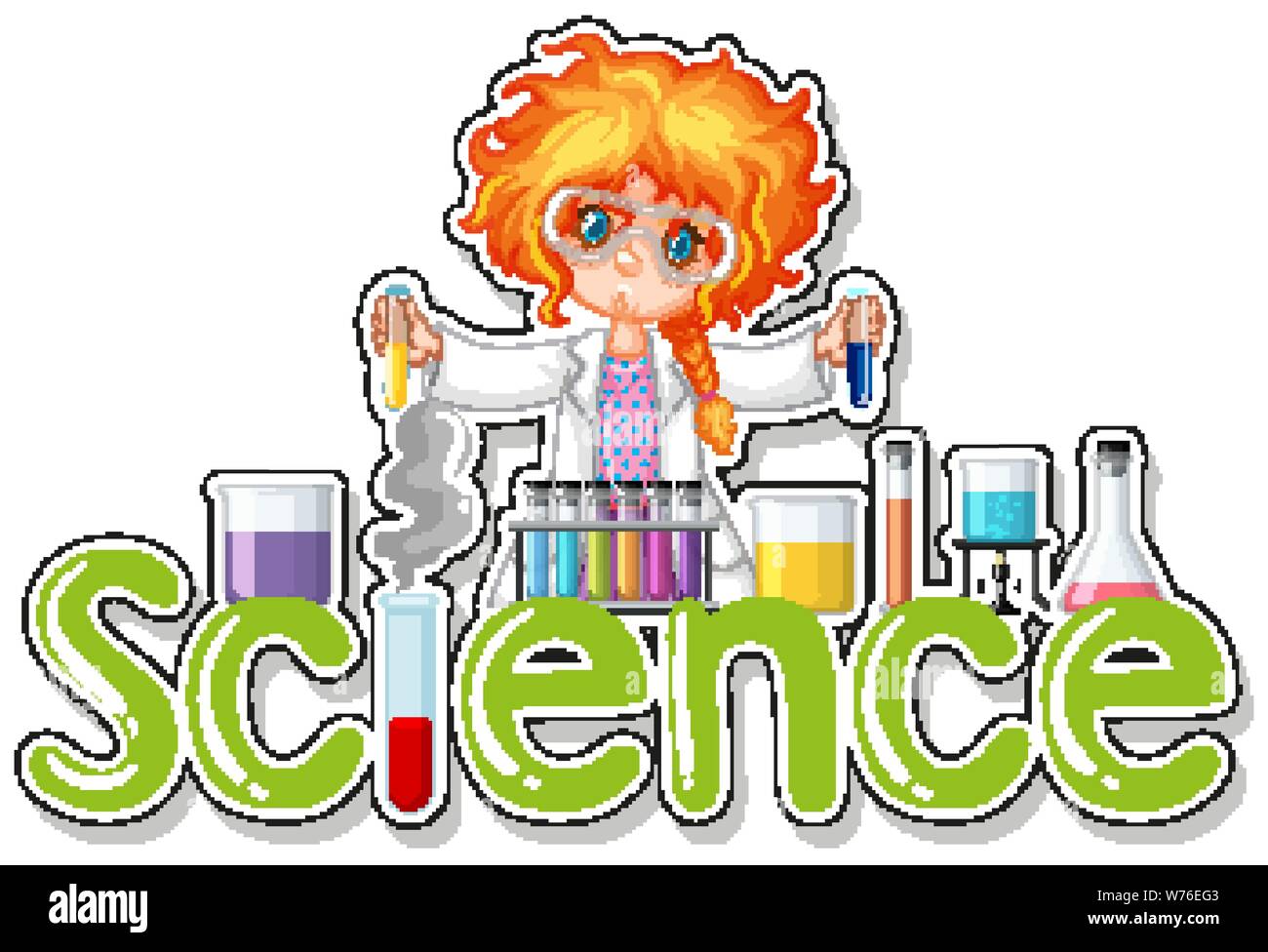 Word design for science with girl doing experiment illustration Stock ...