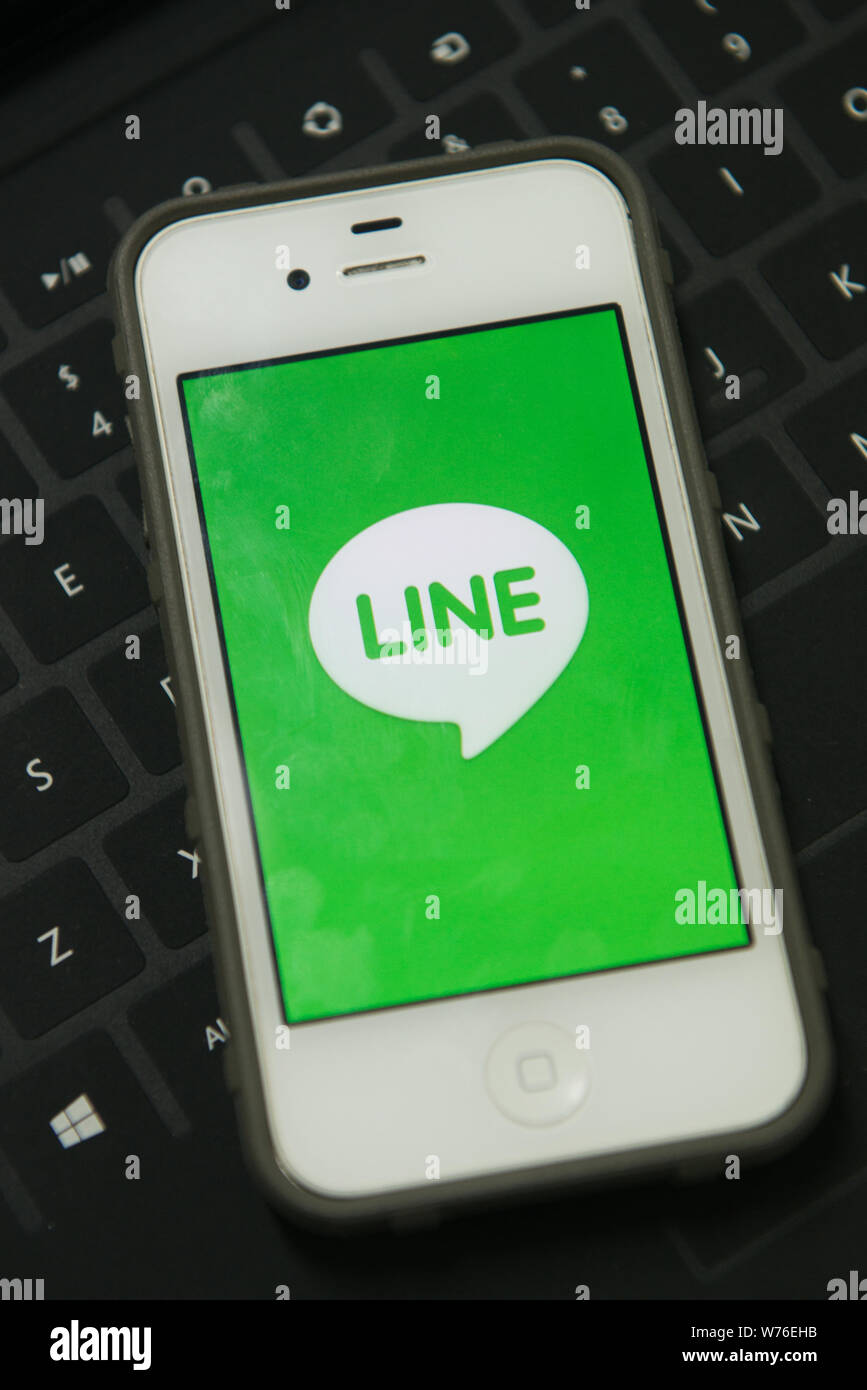 --FILE--A logo of instant communications app LINE is seen on an iPhone ...