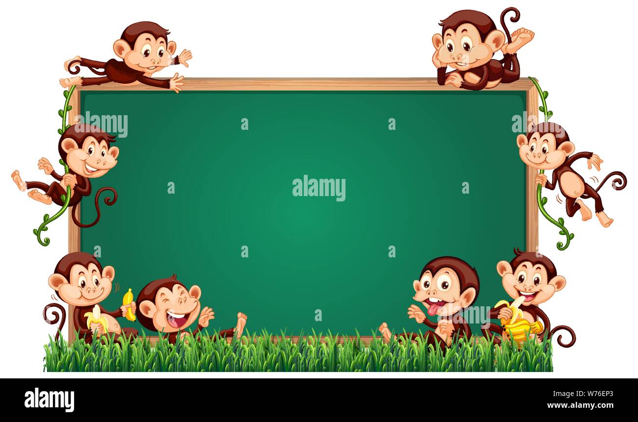 Border template with cute monkeys on grass illustration Stock Vector ...