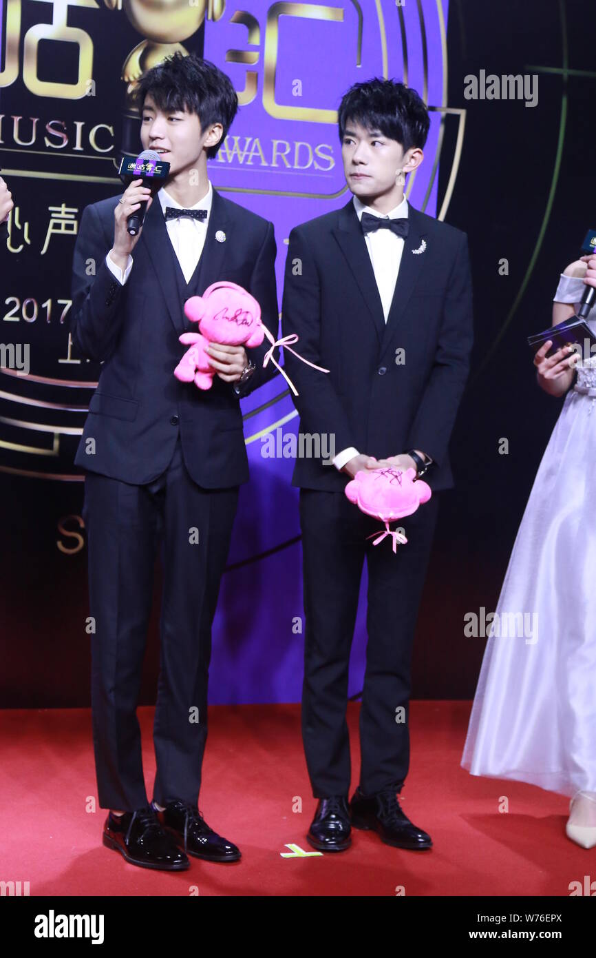 Karry Wang or Wang Junkai, left, and Jackson Yee or Yi Yangqianxi of Chinese boy group TFBoys ...