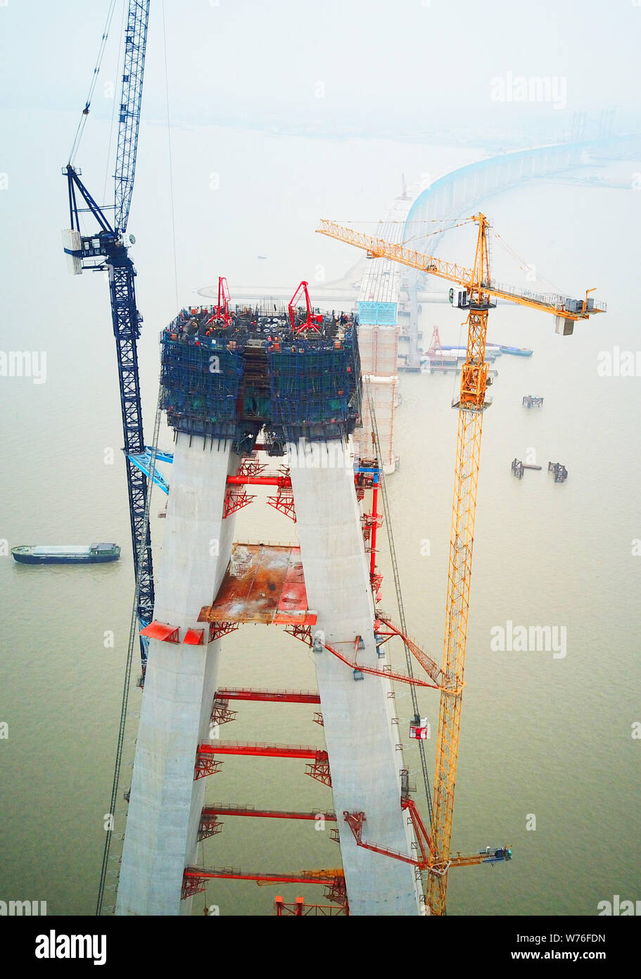 The No.28 main pier of the world's longest cable-stayed bridge, the ...