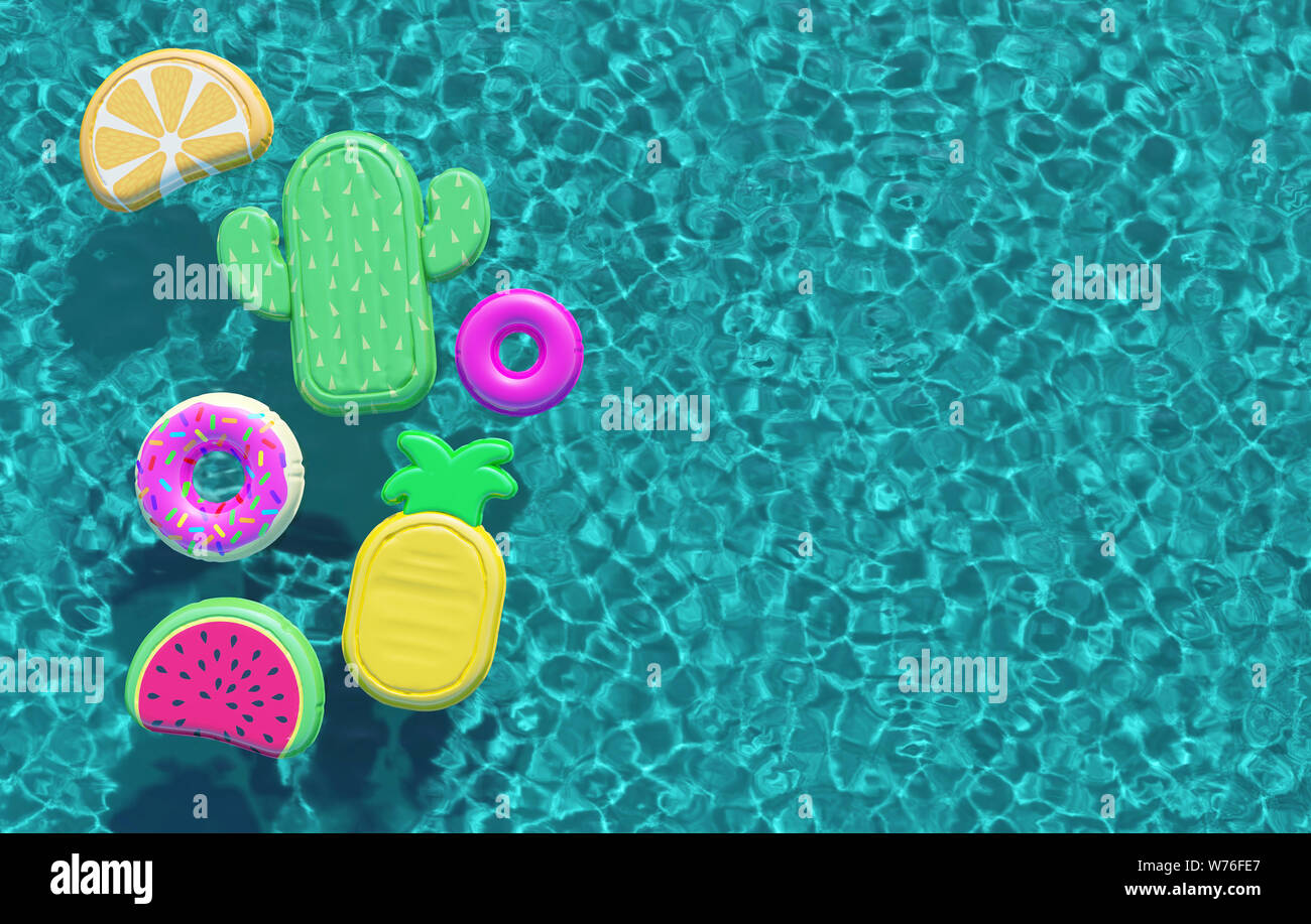 Summer swimming pool full of fun pool floats. Overhead view. 3D ...
