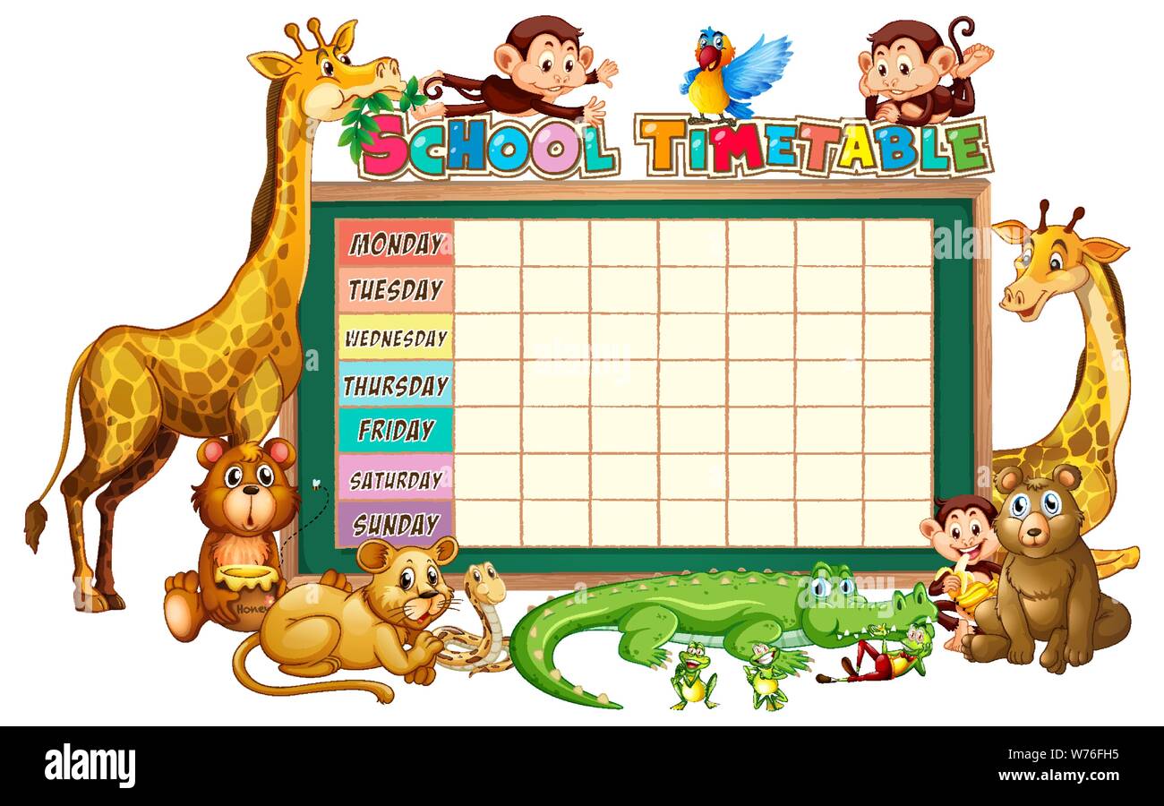 Diverse group of animals around school timetable planner illustration ...
