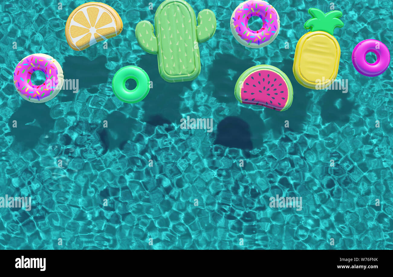 Summer swimming pool full of fun pool floats. Overhead view. 3D ...