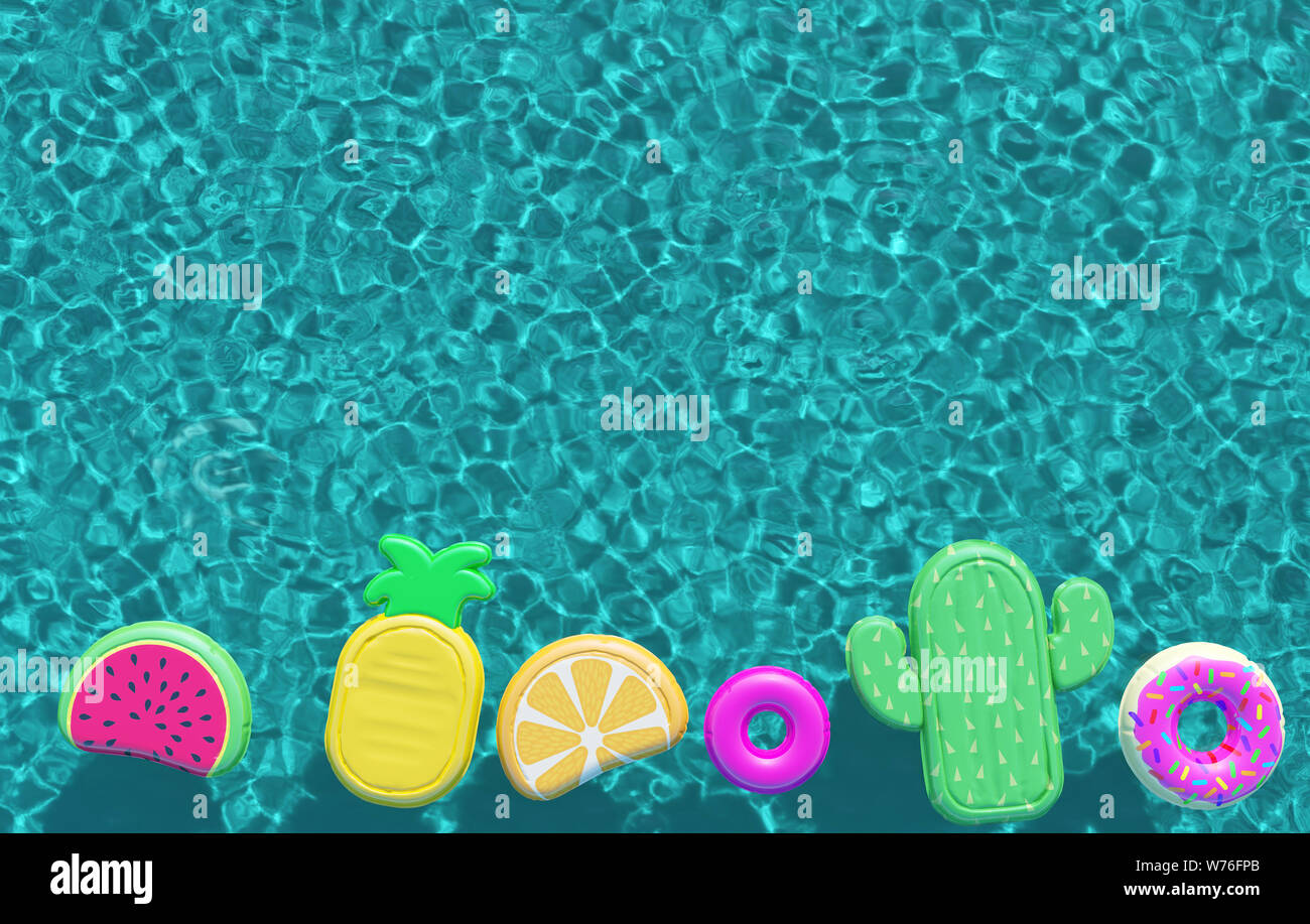 Summer swimming pool full of fun pool floats. Overhead view. 3D ...